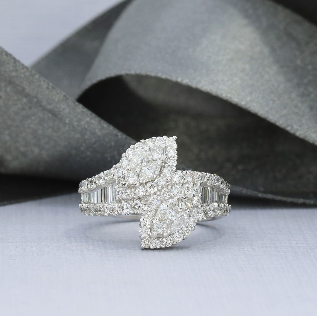Pre Owned 18ct White Gold Fancy Marquise Crossover Diamond Cluster Rin ...