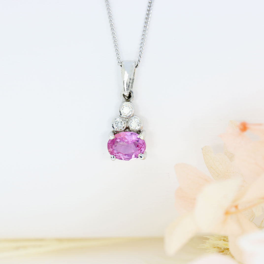 9ct White Gold Oval Claw Set Pink Sapphire & Diamond Pendant on 9ct Wh ...