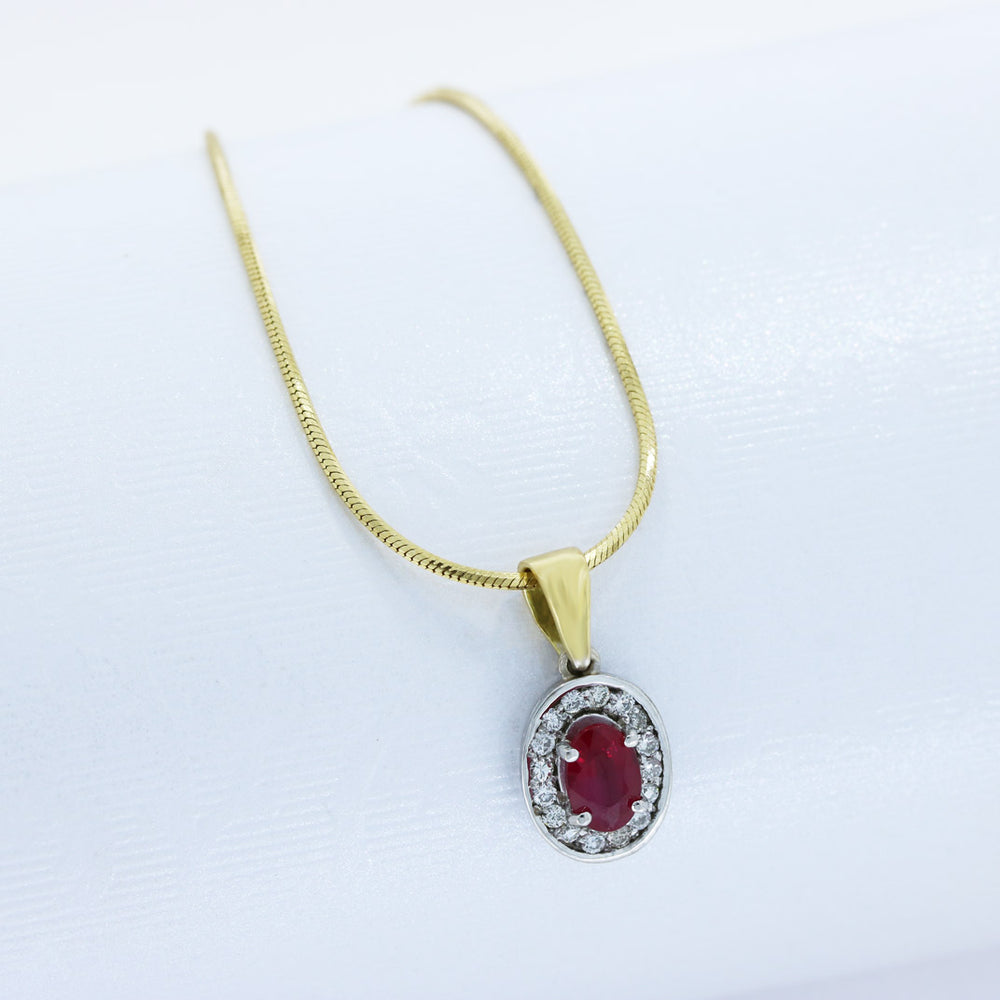 18ct White & Yellow Gold Oval Ruby and Diamond Halo Pendant on an 18ct ...